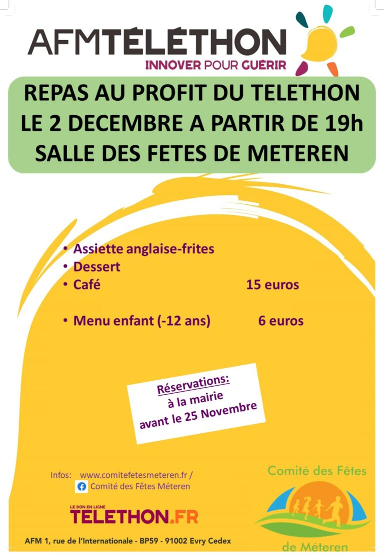 Téléthon 2022 : repas à la salle des fêtes – Comité des fêtes de Méteren